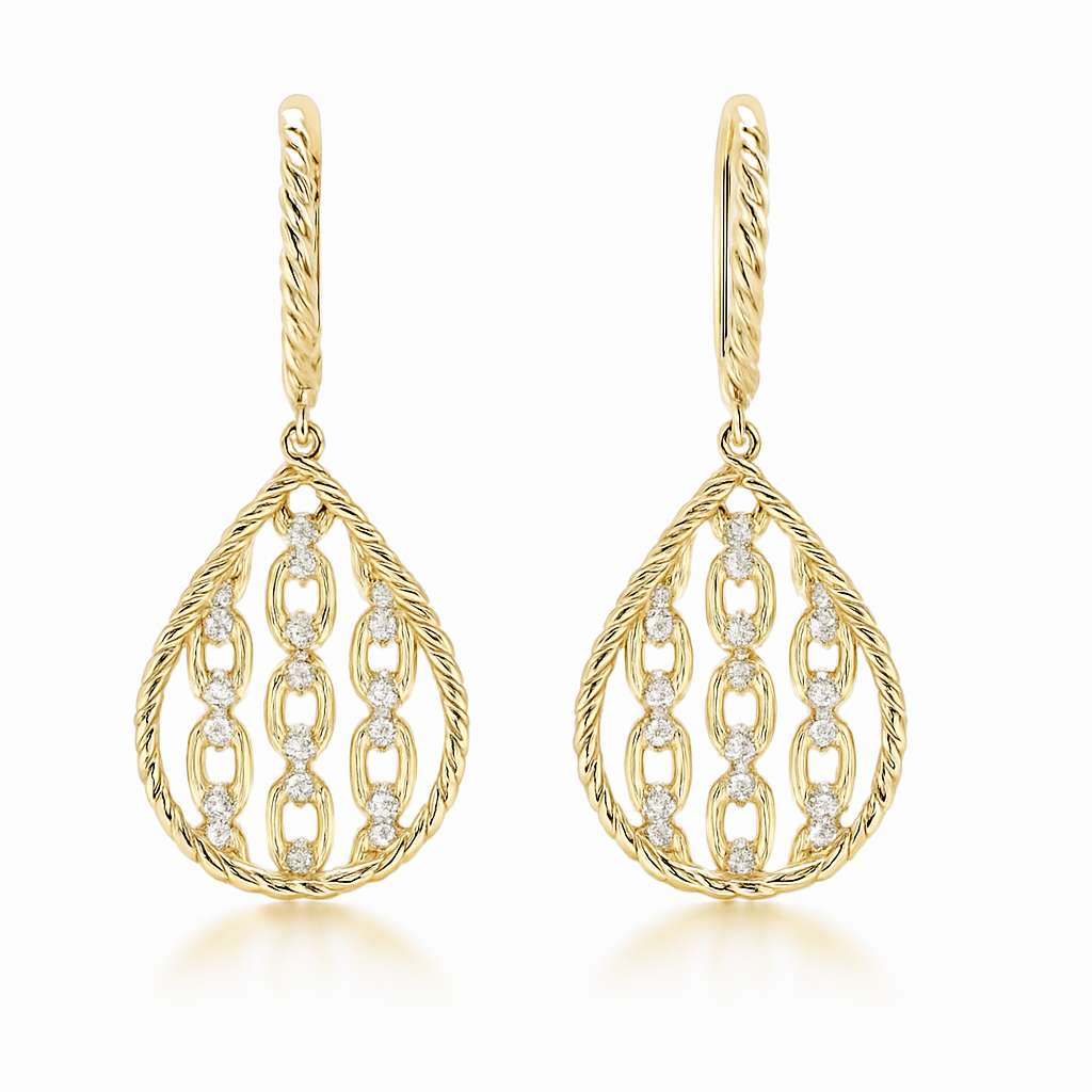 14K YELLOW GOLD DIAMOND TEARDROP DANGLE HOOP EARRINGS - 0.15 CTW ...